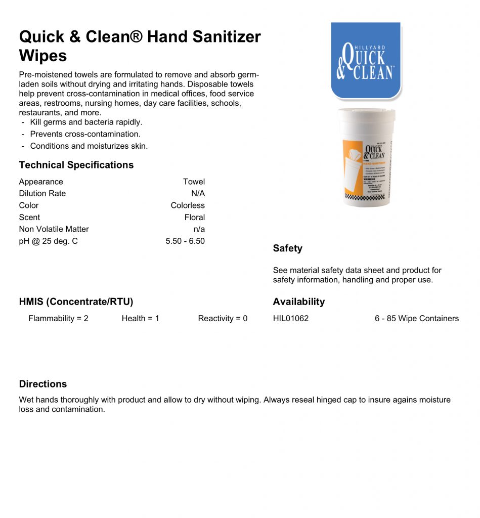 Hillyard Quick & Clean Hand Sanitizer Wipe