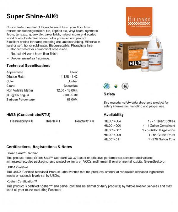 Hillyard 140 Super Shine All Concentrated All Purpose Cleaner